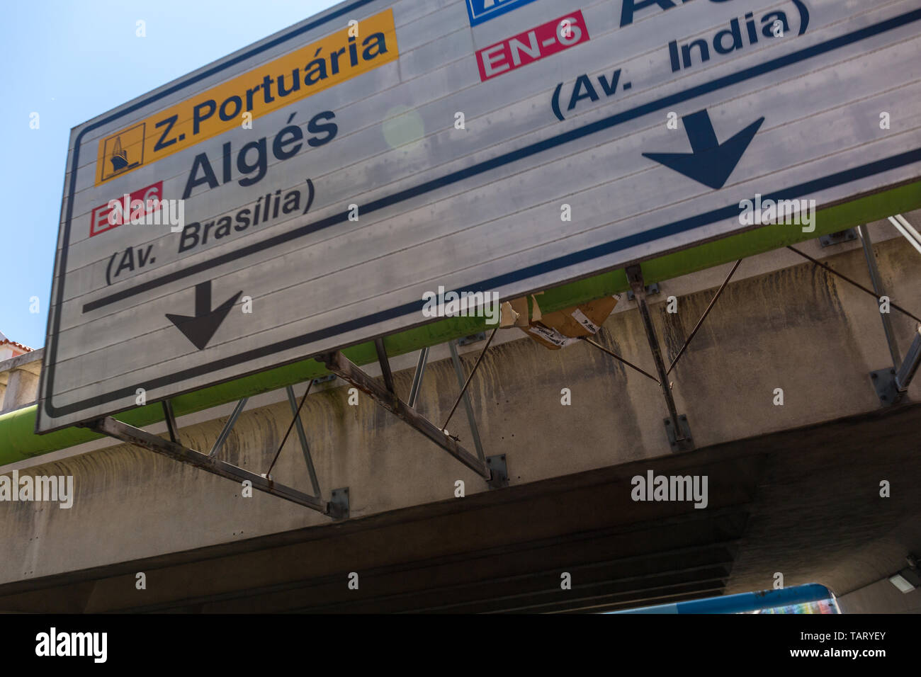 Overhead road signs in Lisbon Stock Photo - Alamy
