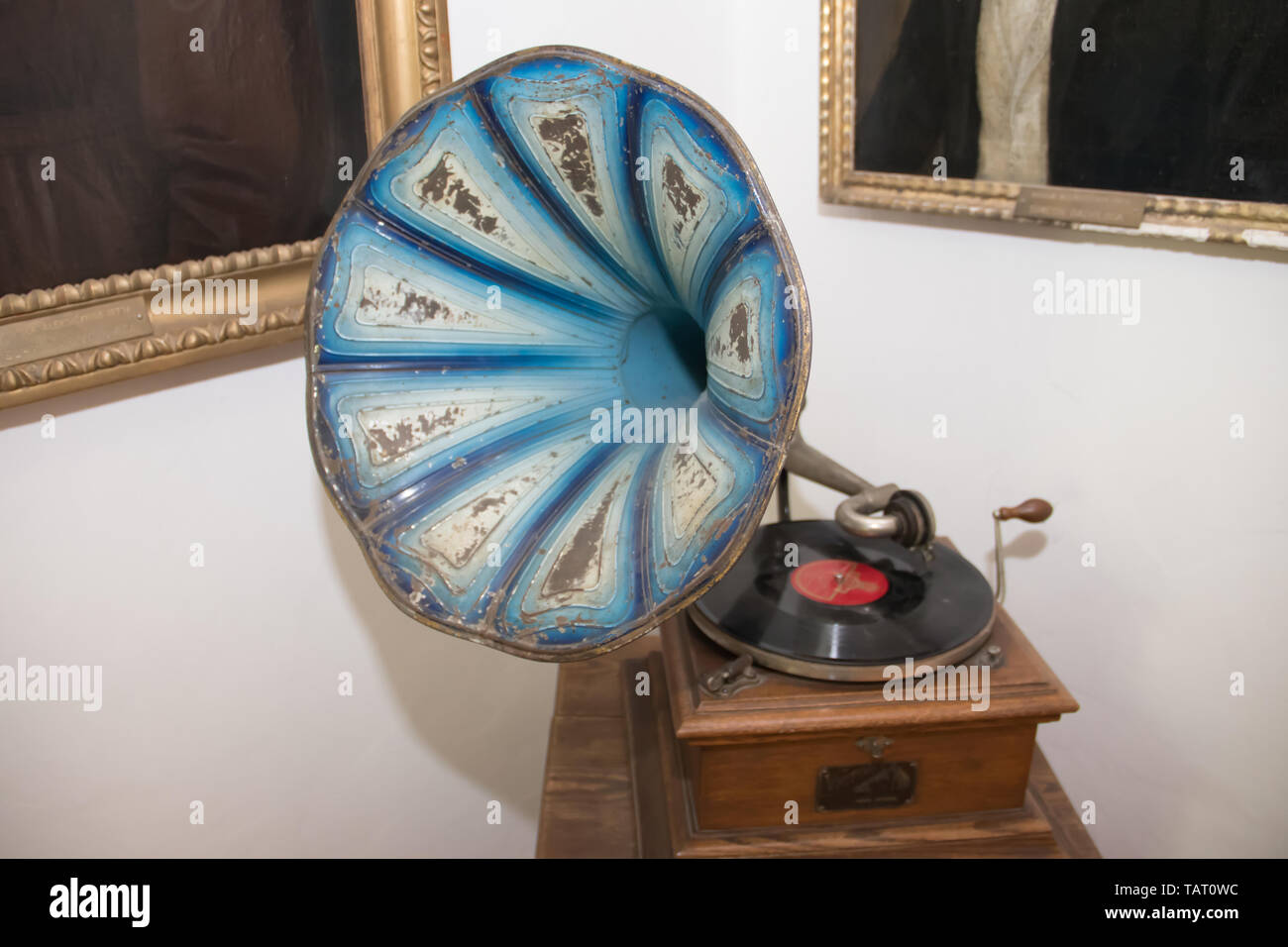 Old vinyl gramophone with blue horn (Speaker), exposed in Kikinda city ...