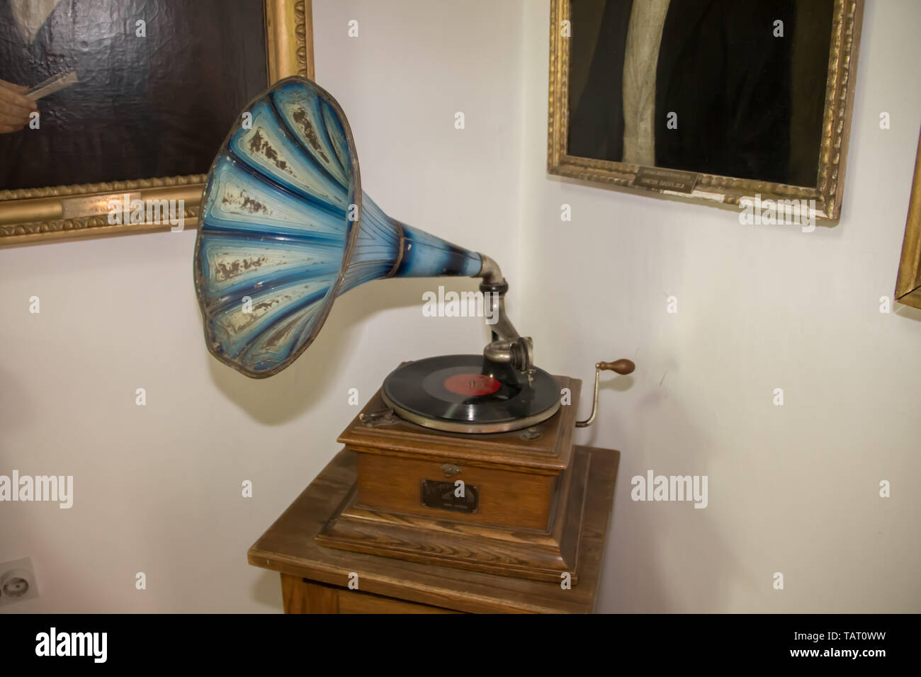Old vinyl gramophone with blue horn (Speaker), exposed in Kikinda city ...