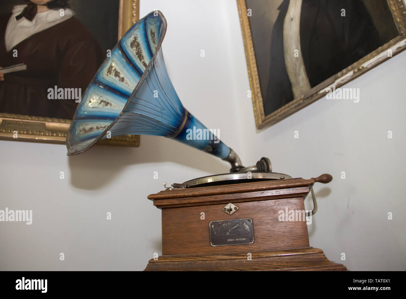 Old vinyl gramophone with blue horn (Speaker), exposed in Kikinda city ...