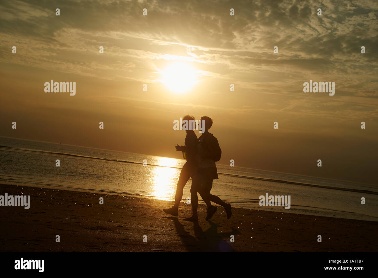 Silhouette of a group of adults enjoying a run along the beach in ...