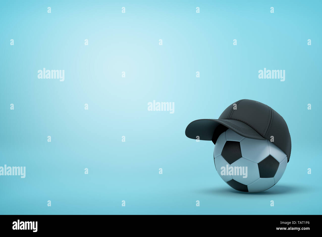 3d rendering of a football wearing a black cap on a light blue ...
