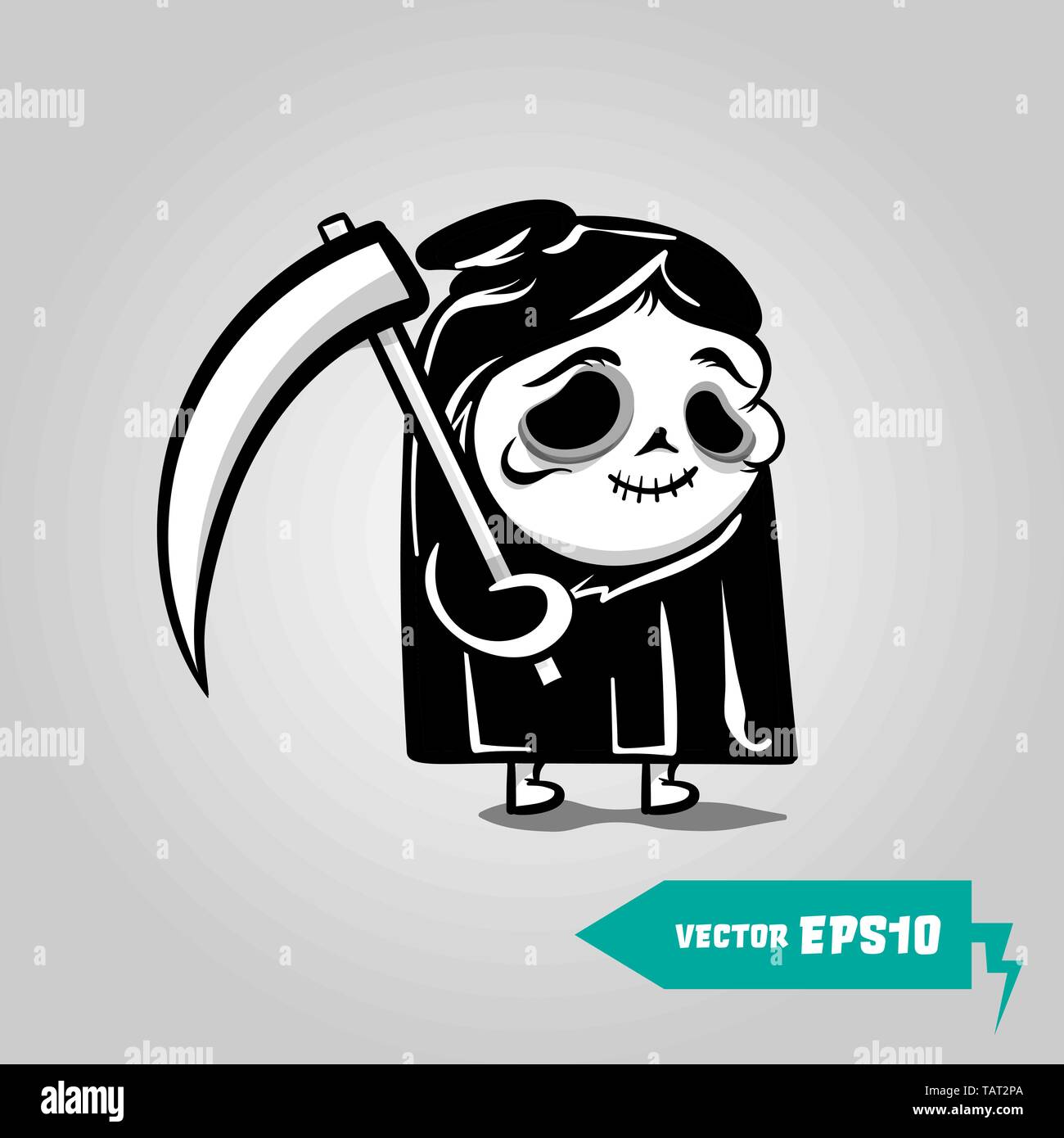 Cute Death with a scythe halloween sticker. Comic book sketch vector ...