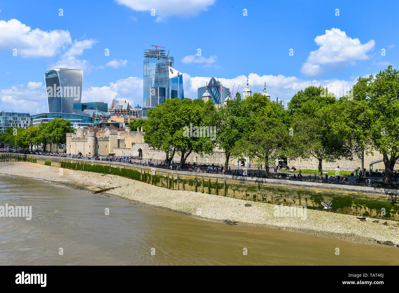 The iconic Tower of London with modern skycrapers behind it - London ...