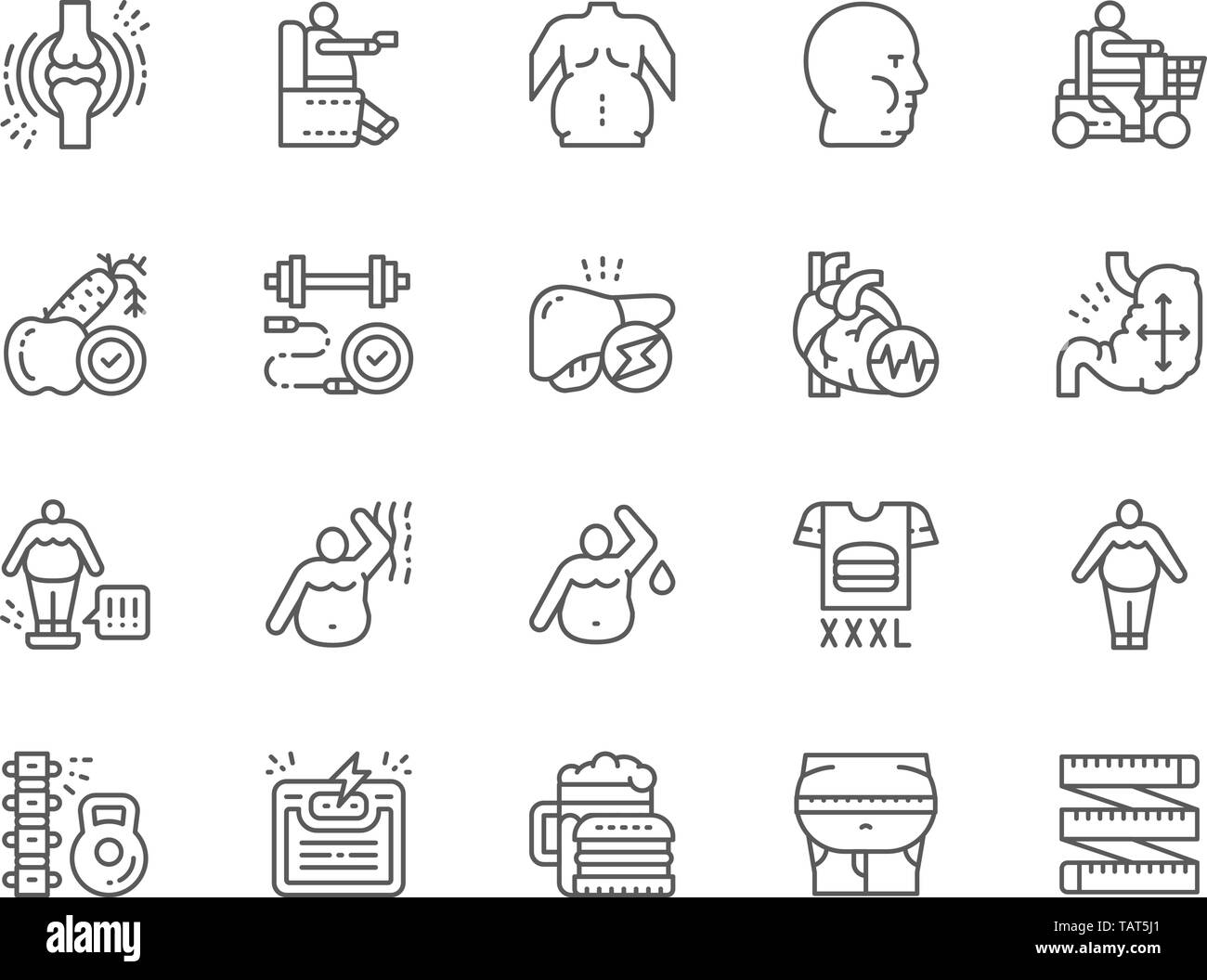 Set of Obesity and Overweight Line Icons. Fat Face, Junk Food, Diet and ...