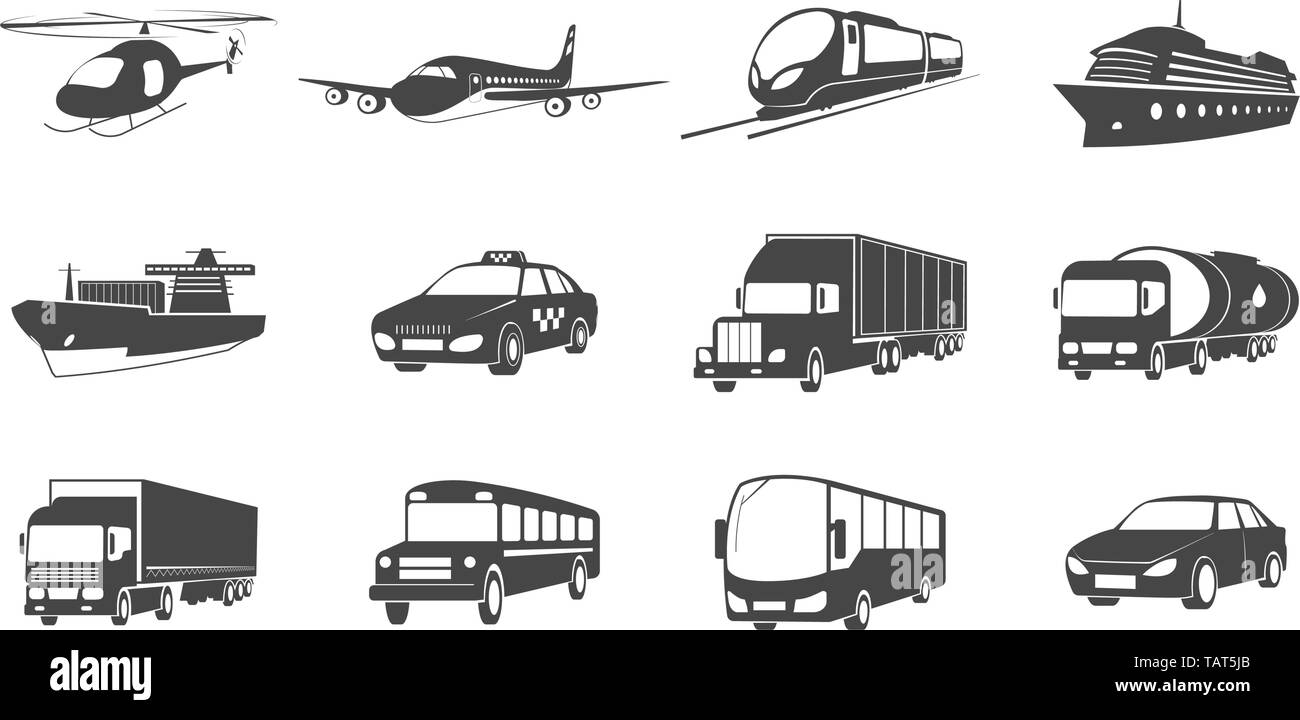 Set of Transport Symbols. Helicopter, Airplane, Train, Cargo Ship and ...