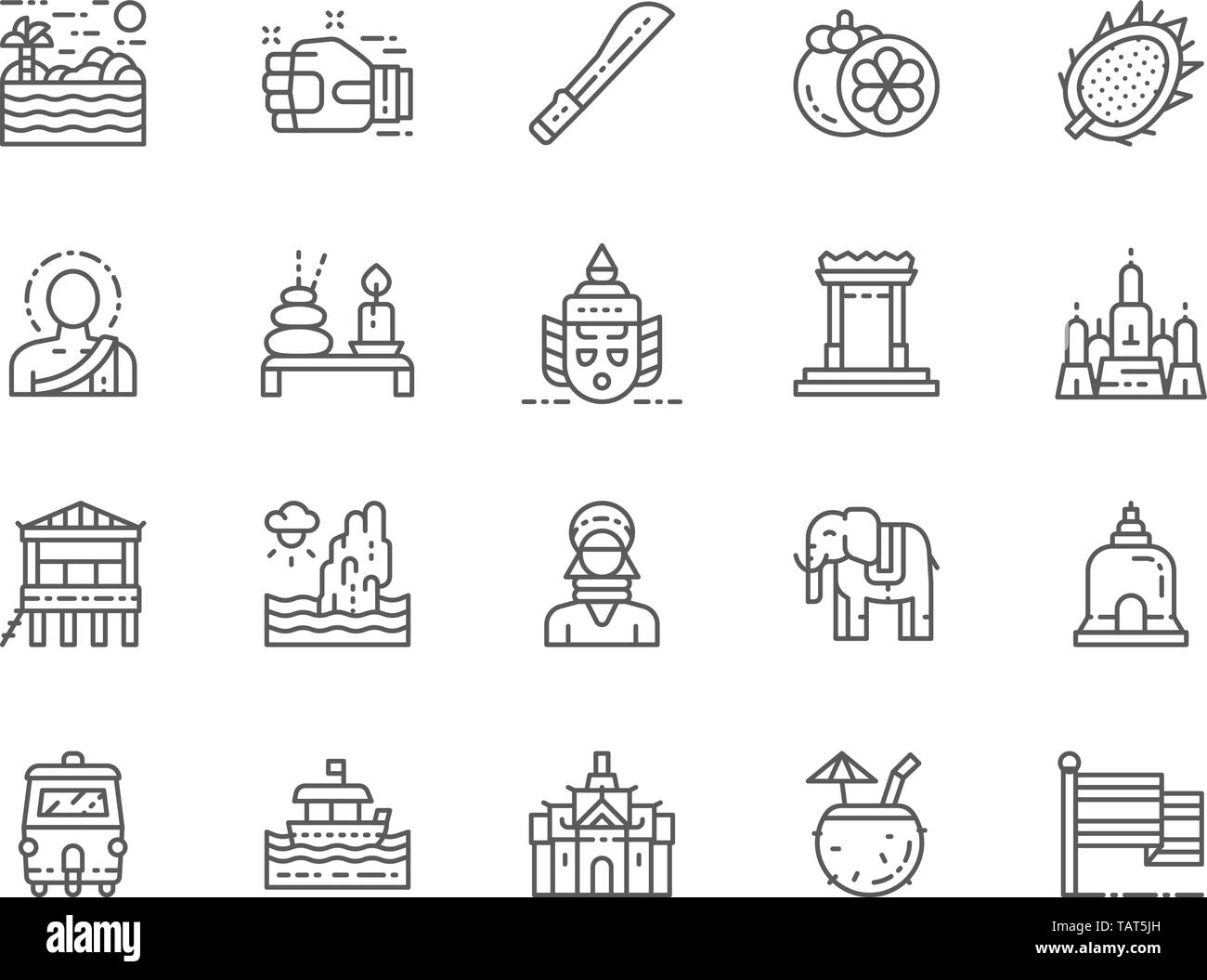 Set of Thailand Culture Line Icons. Machete, Muay Thai, Mangosteen and ...