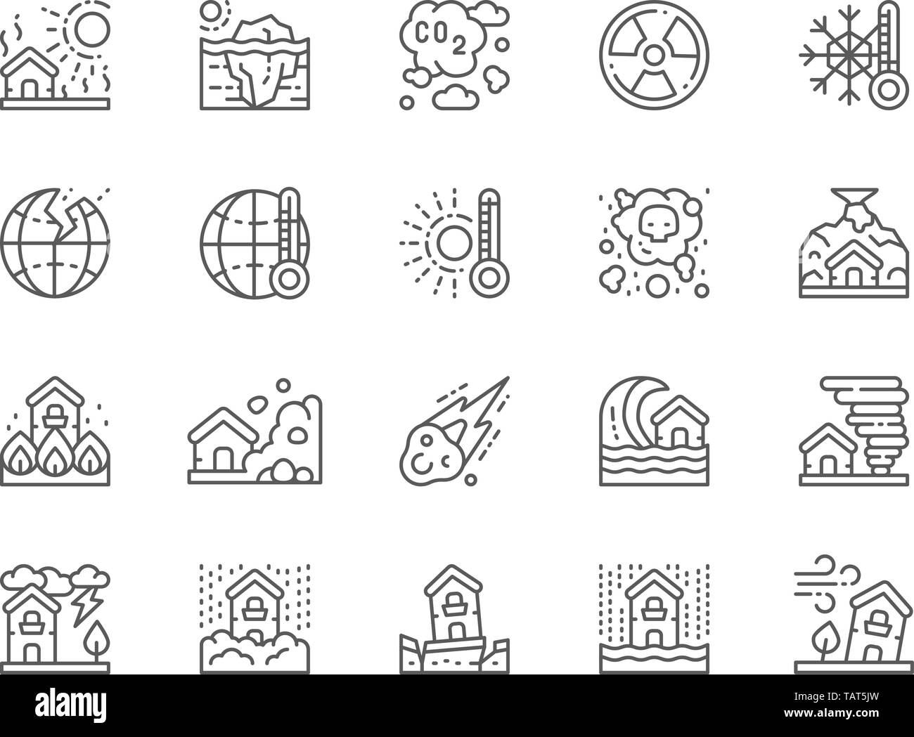 Set of Natural Disaster Line Icons. Drought, Global Warming, Pollution ...