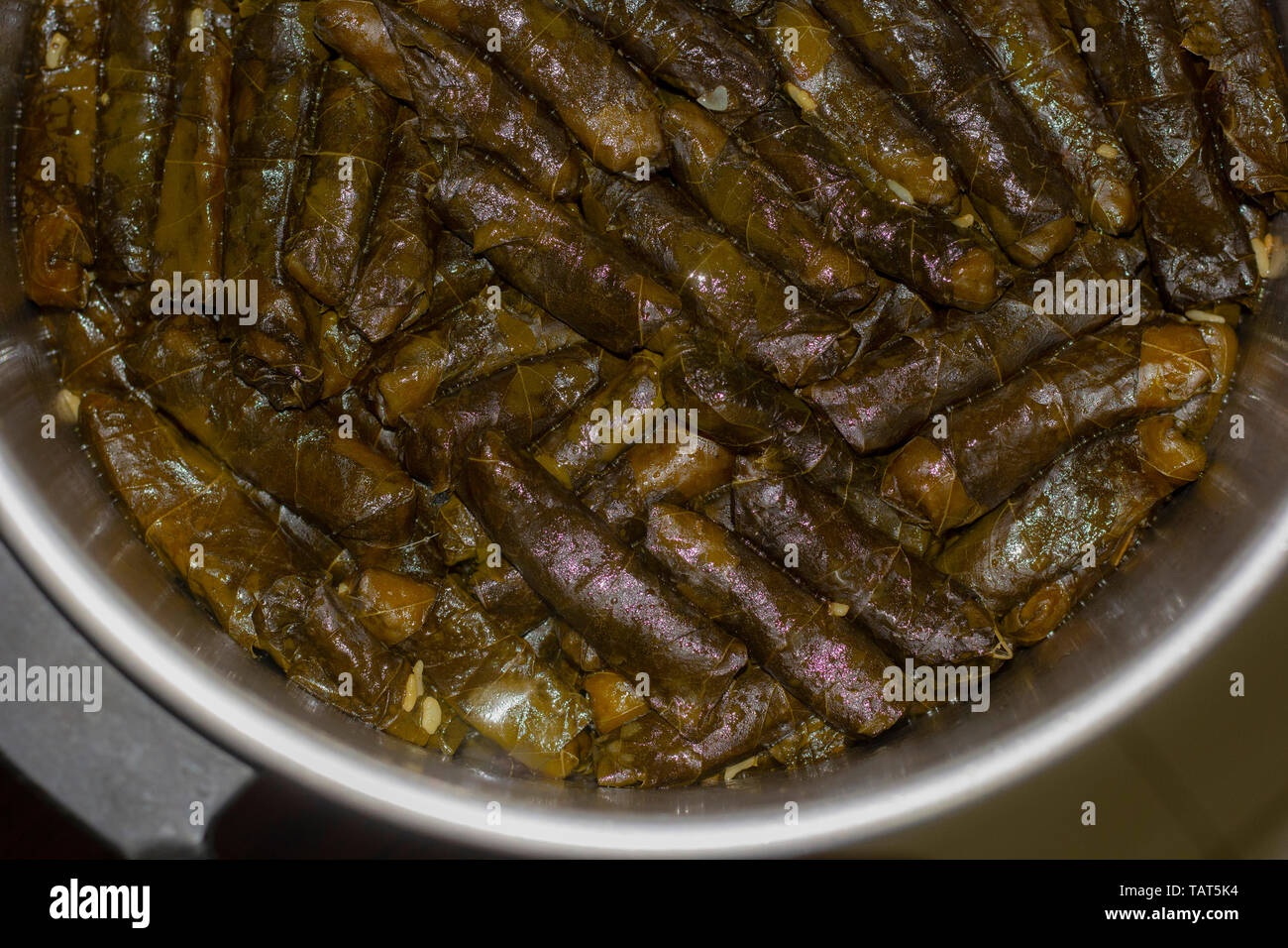 Grape vine leaves, stuffed with rice and meat, a traditional ...