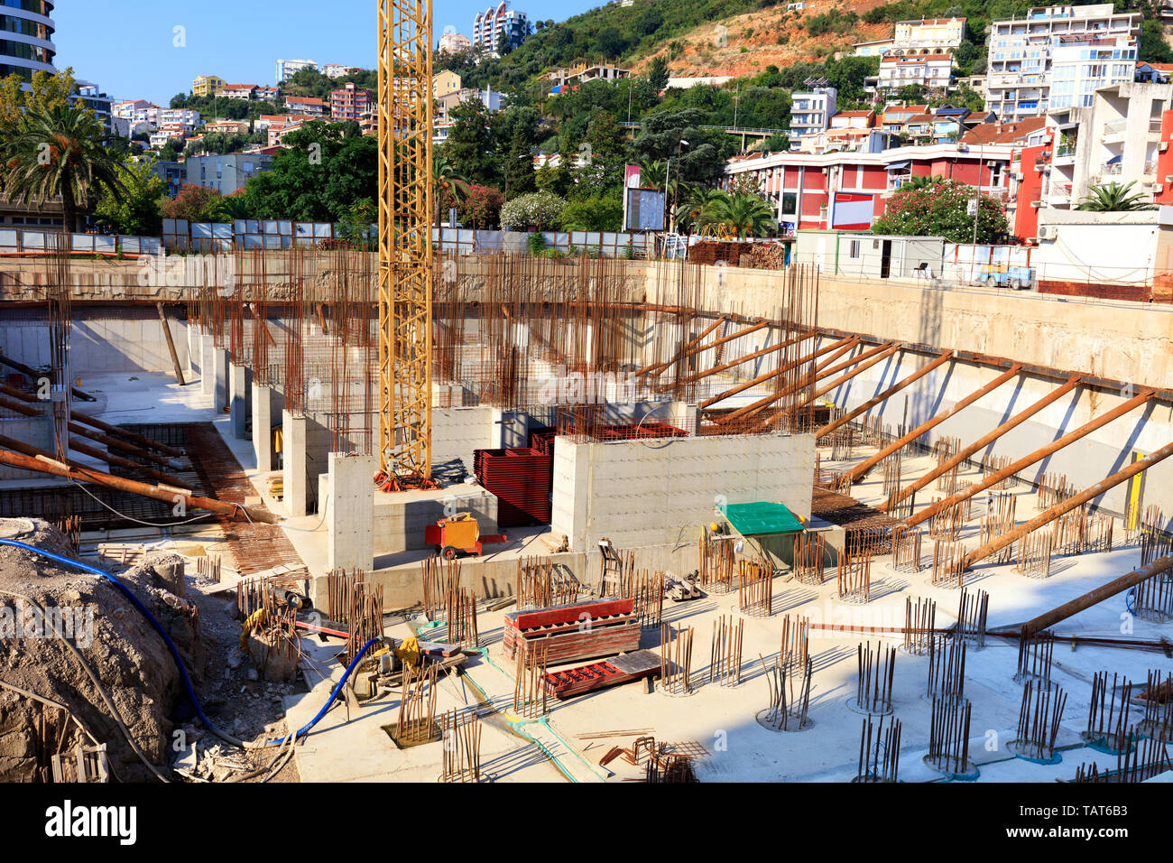 Construction site for equipping the foundation of a modern building ...