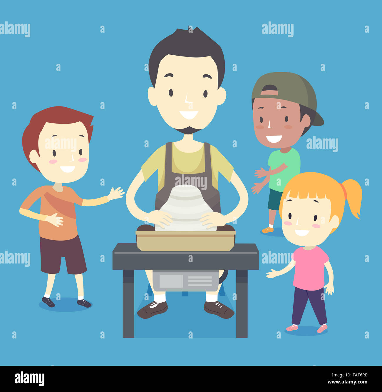 Illustration of a Man Shaping a Pot with Kids Around Him and Watching ...