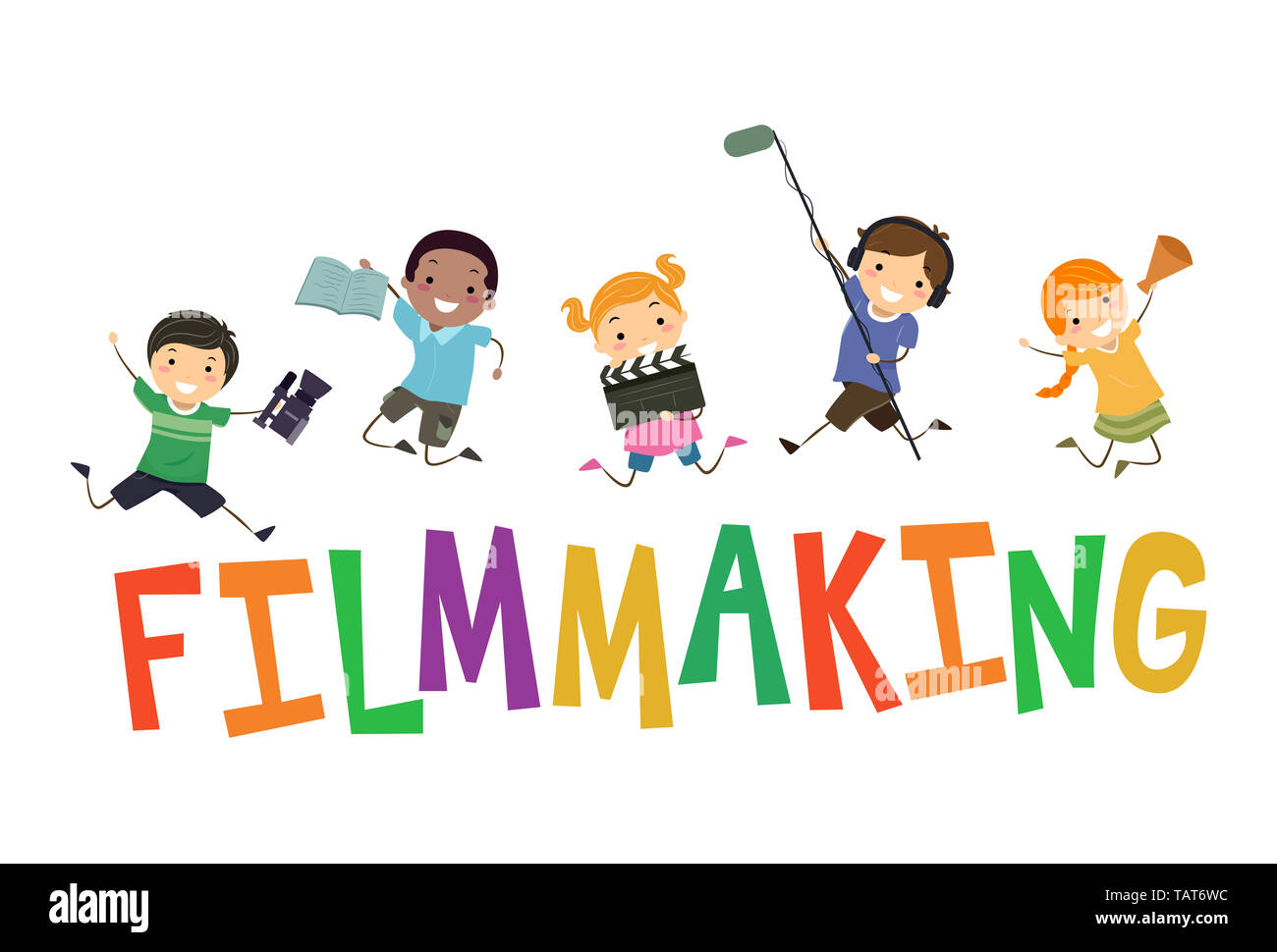 Illustration of Stickman Kids Holding Clapper, Microphone, Script ...