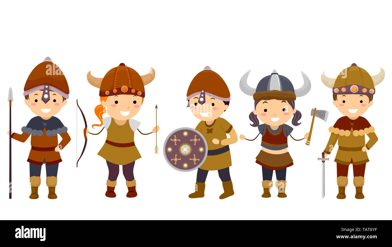 Illustration of Stickman Kids Wearing Viking Costumes with Helmet, Bow ...