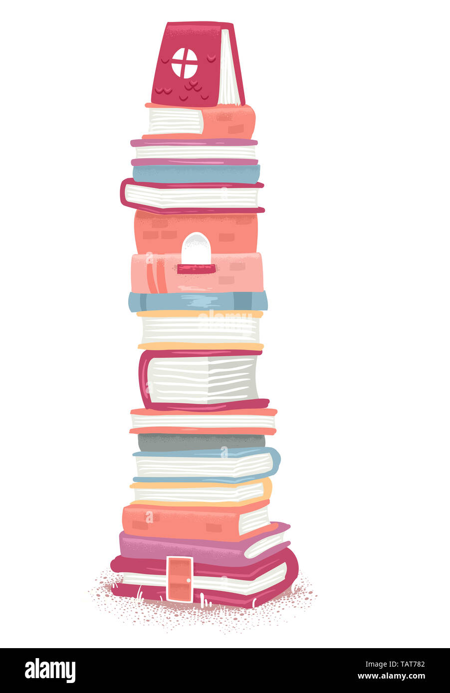 Illustration of a Stack of Books as a Tower with Windows and Door Stock ...