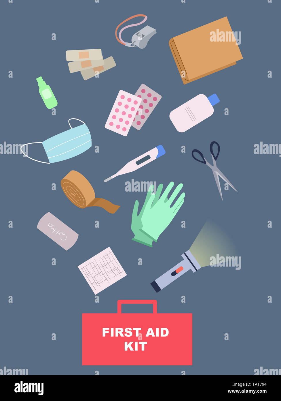 Illustration of a First Aid Kit with Elements like Bandage, Thermometer ...