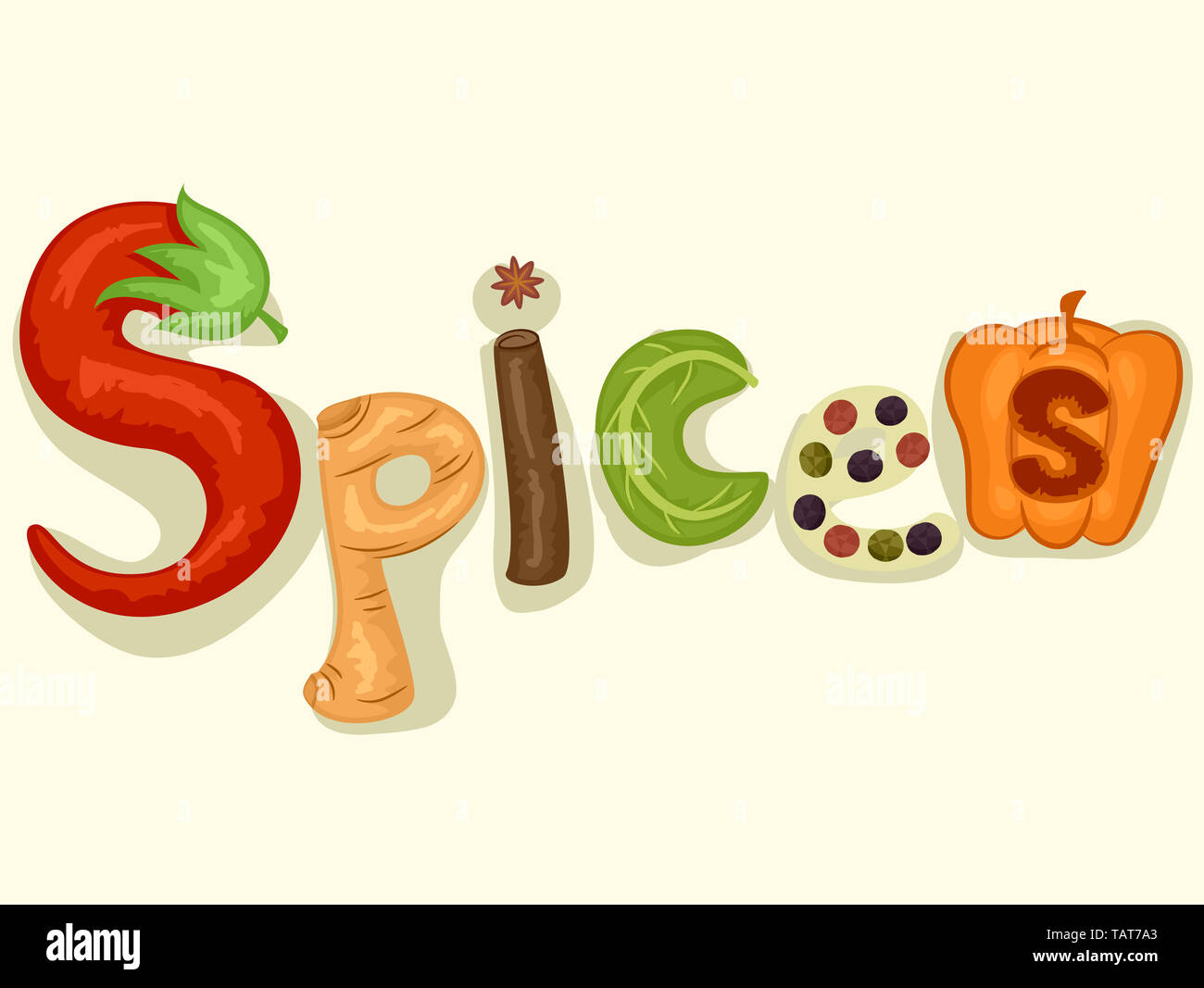 Illustration of Spices Lettering with Chili, Ginger, Cinnamon Stick ...