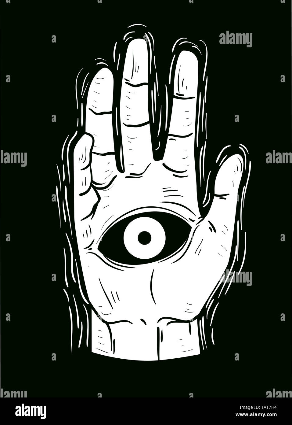 Illustration of a Hand with an Eye in the Palm in Black and White Stock ...