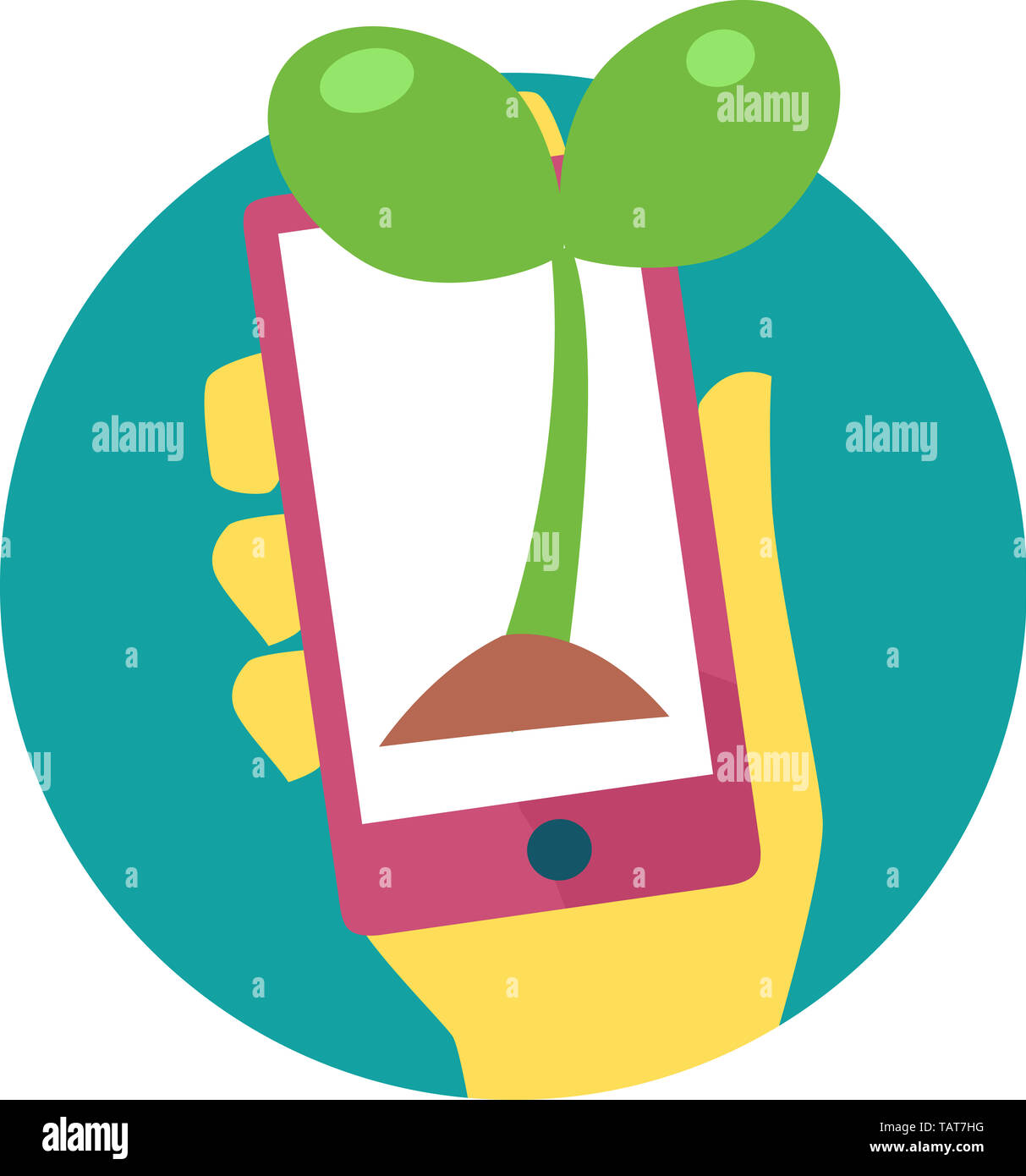 Illustration of a Hand Holding a Mobile Phone with a Seedling Plant as ...