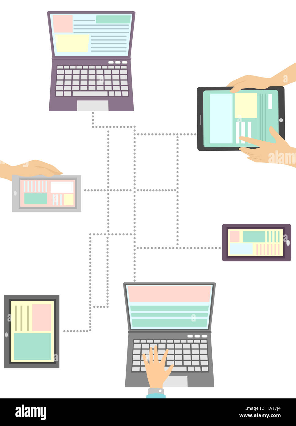 Illustration of Hands Using Laptop, Tablet and Mobile Phone Connected ...