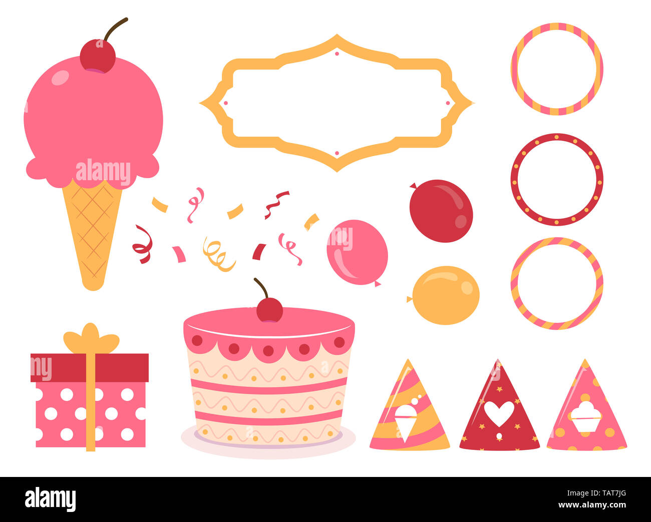 Illustration of Ice Cream, Birthday Cake, Gift, Party Hats, Balloons ...