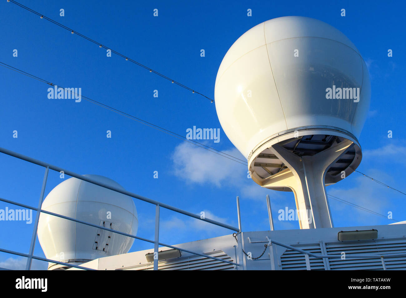 Navigation radar installations of the ship against the blue sky Stock ...