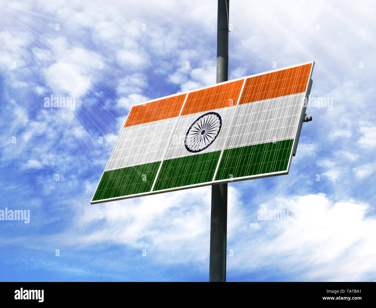 Solar panels against a blue sky with a picture of the flag of India ...