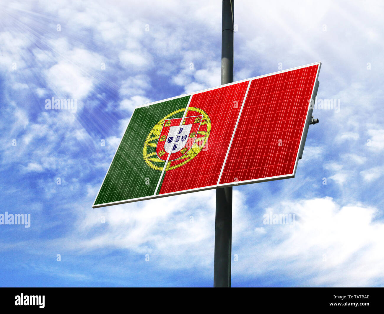 Solar panels against a blue sky with a picture of the flag of Portugal ...