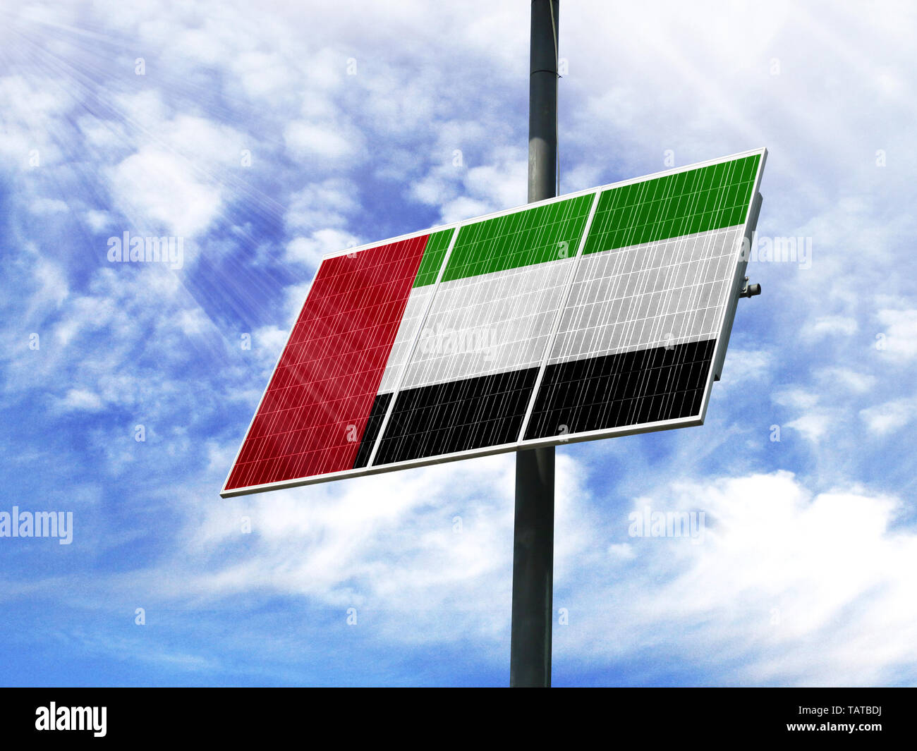 Solar panels against a blue sky with a picture of the flag of United ...