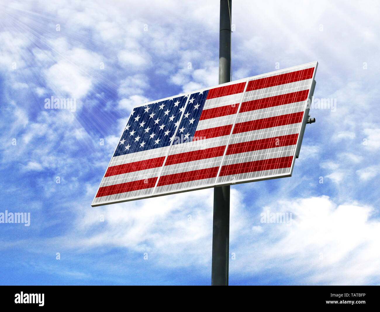 Solar panels against a blue sky with a picture of the flag of America ...