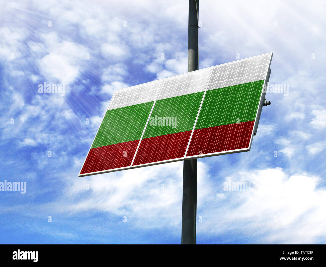 Solar panels against a blue sky with a picture of the flag of Bulgaria ...