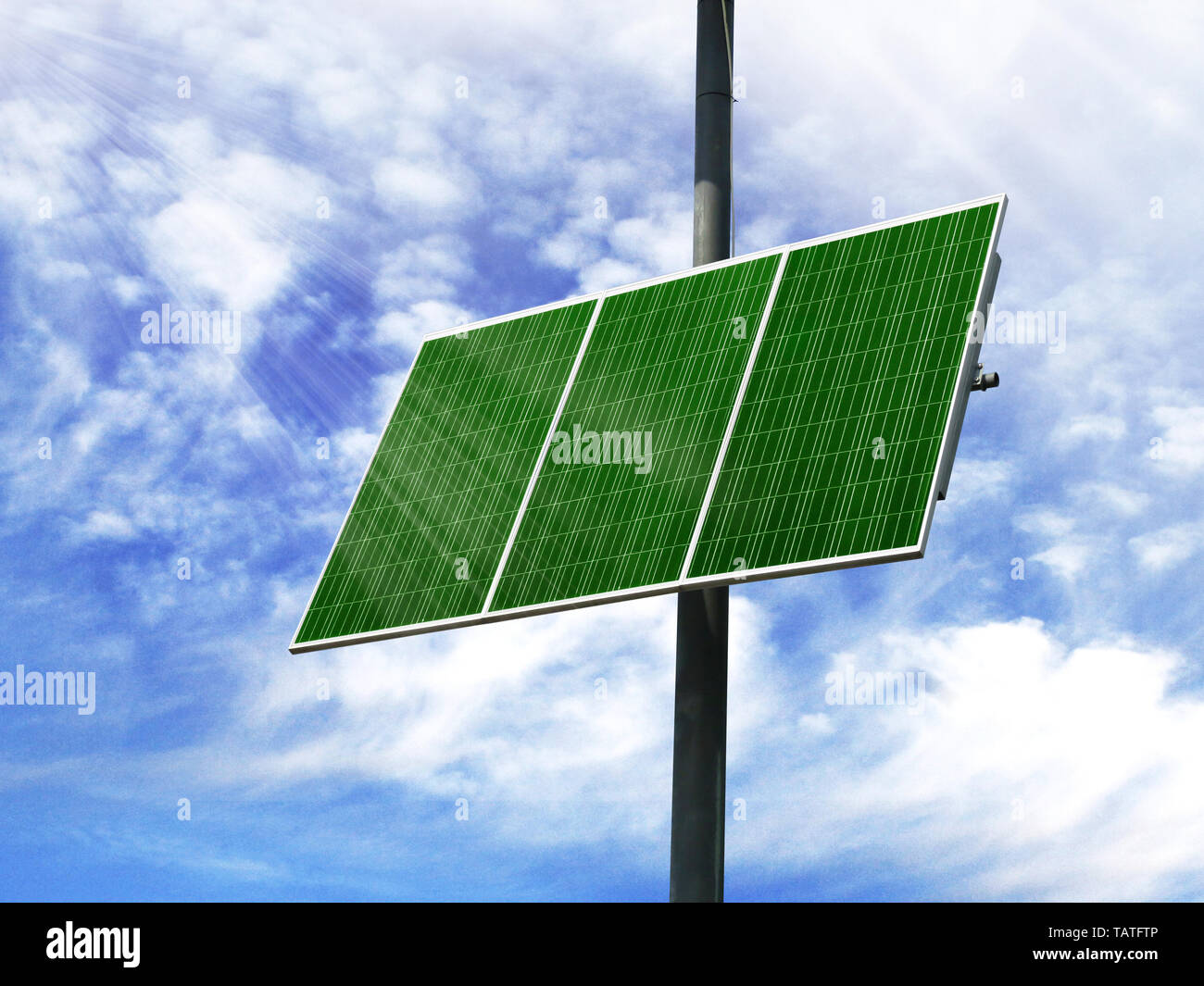 Solar panels against a blue sky with a picture of the flag of Libya ...