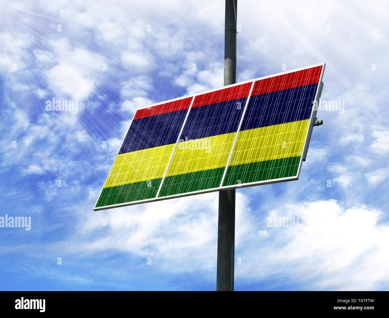 Solar panels against a blue sky with a picture of the flag of Mauritius ...