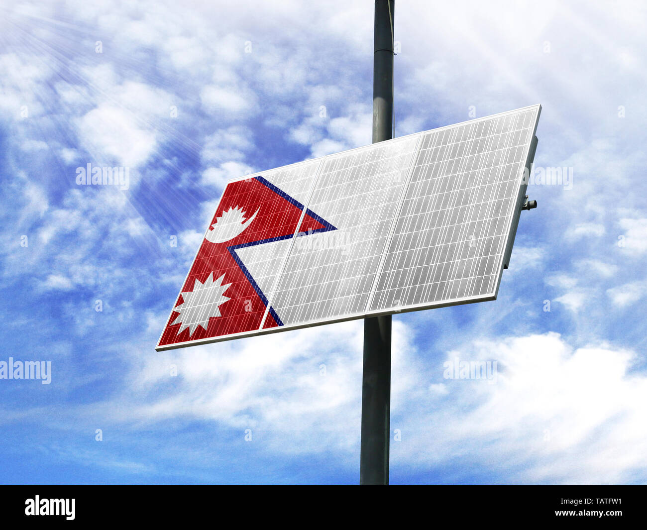 Solar panels against a blue sky with a picture of the flag of Nepal ...