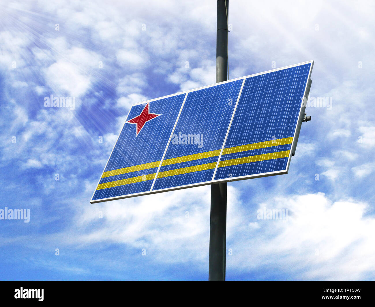 Solar panels against a blue sky with a picture of the flag of Aruba ...