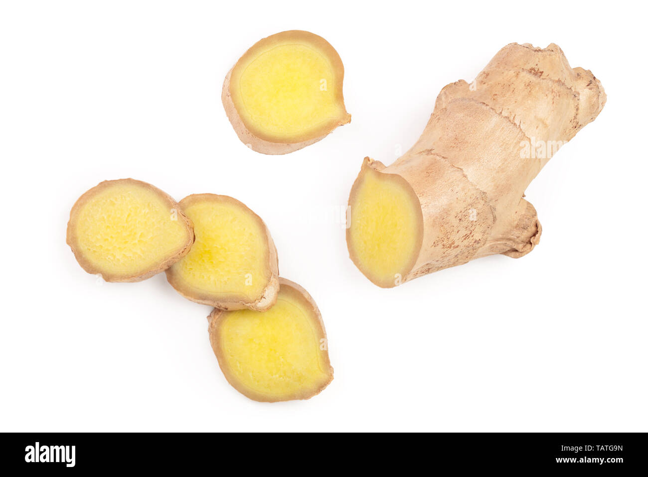 fresh Ginger root and slice isolated on white background. Top view ...