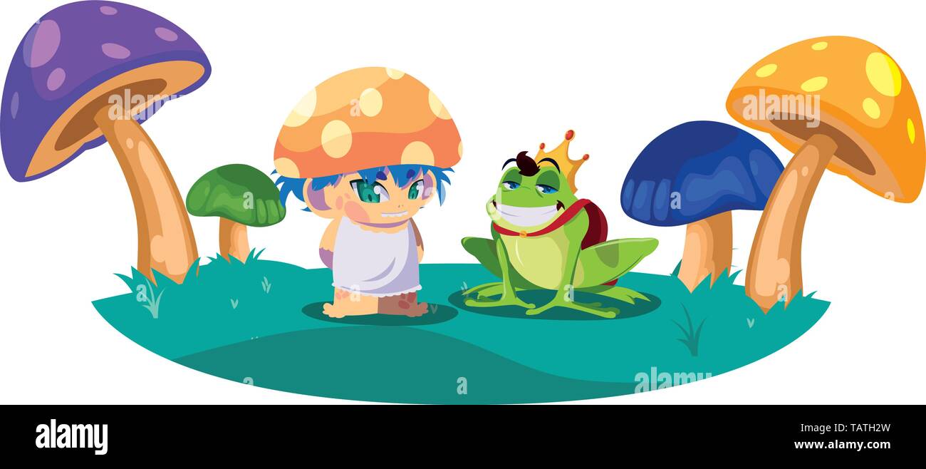 toad prince and fungu elf in fungus garden vector illustration design ...