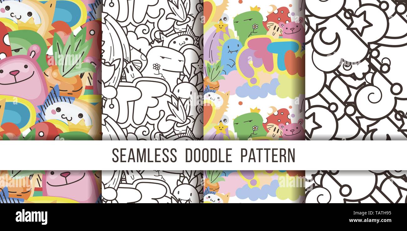 Collection of seamless vector patterns with cute cartoon monsters and ...