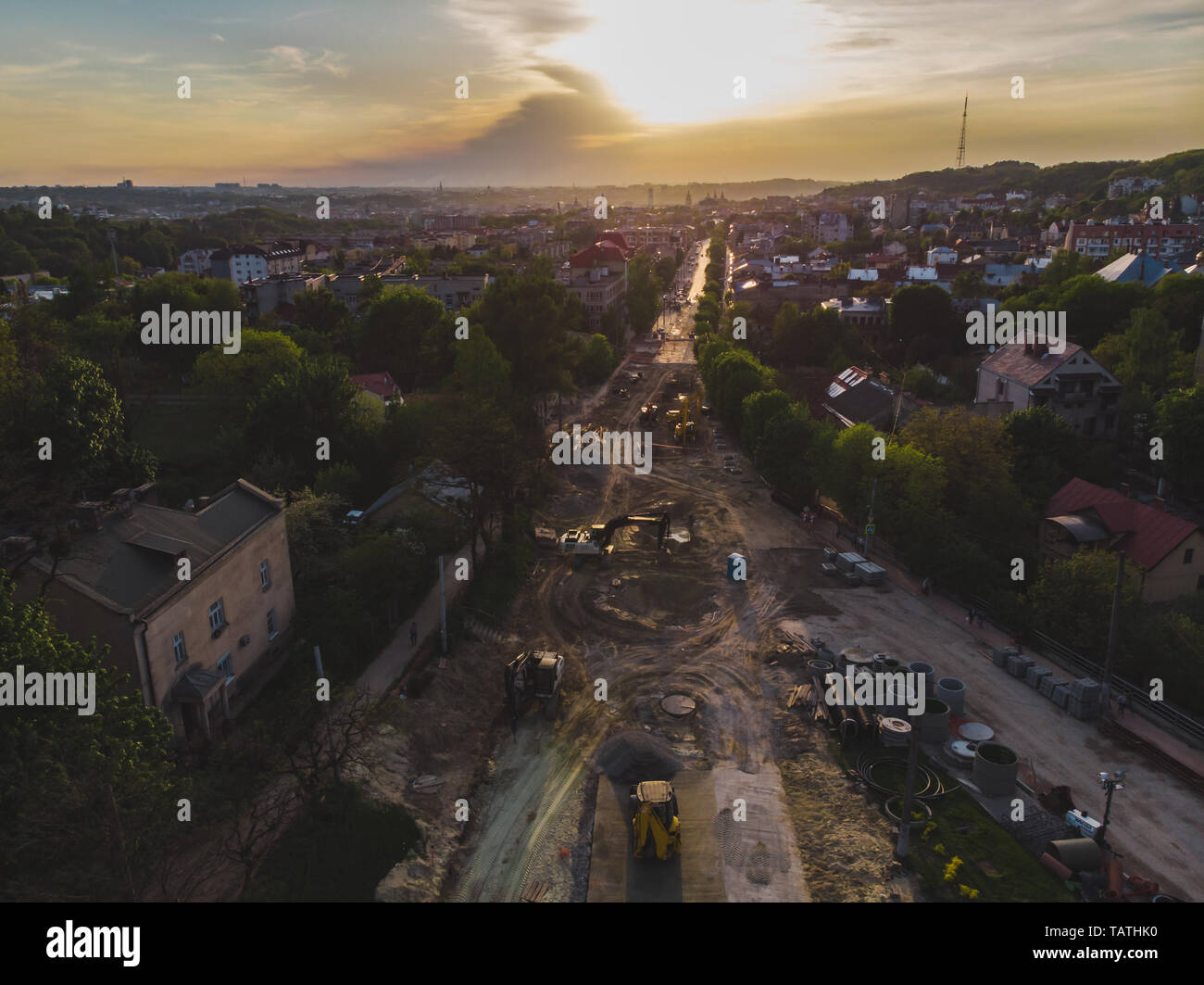 aerial view of construction site. street development. sunset Stock ...