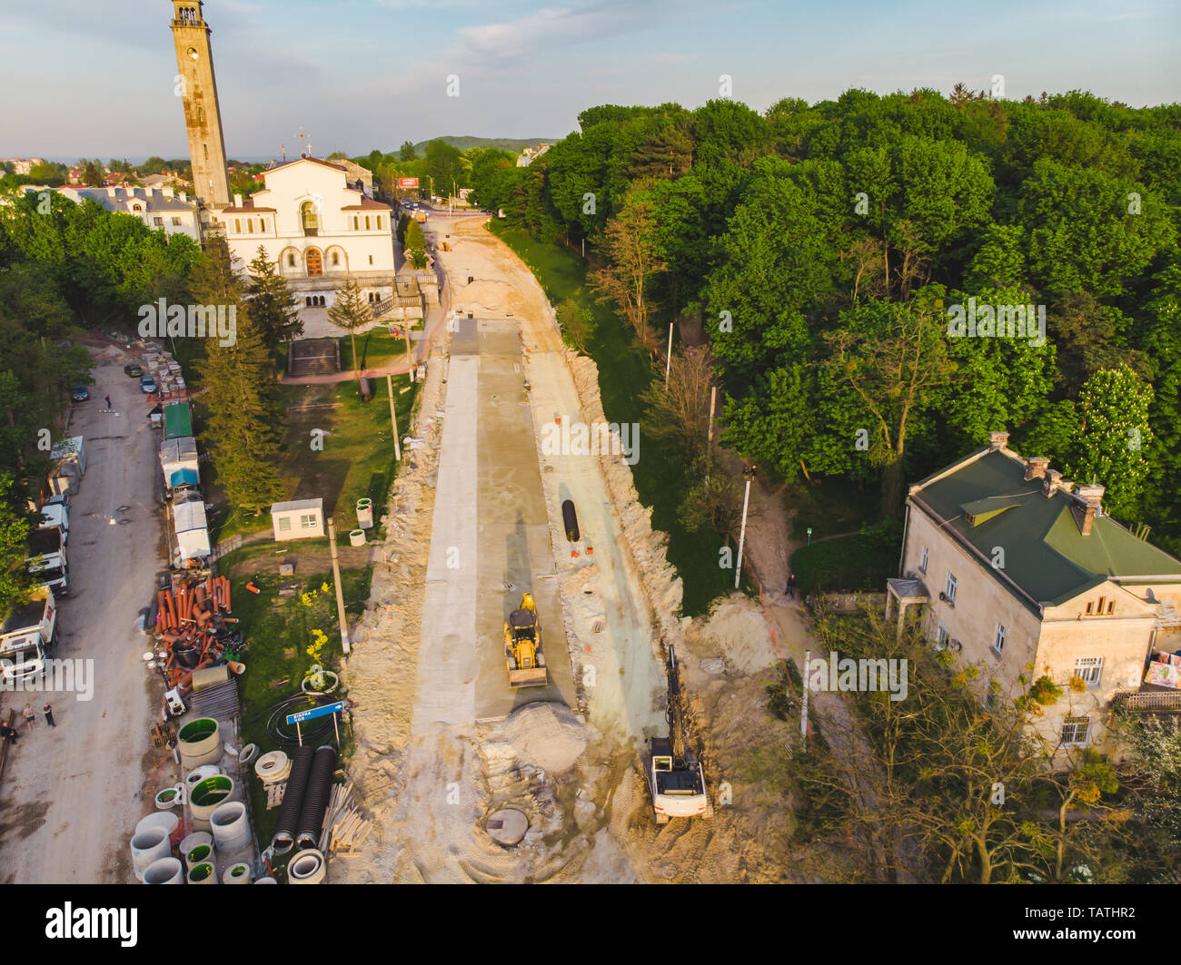 aerial view of construction site. street development. sunset Stock ...