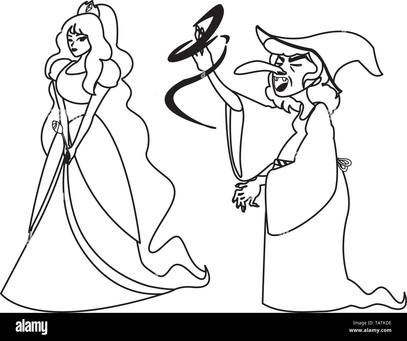 beautiful princess with witch of tales characters vector illustration ...