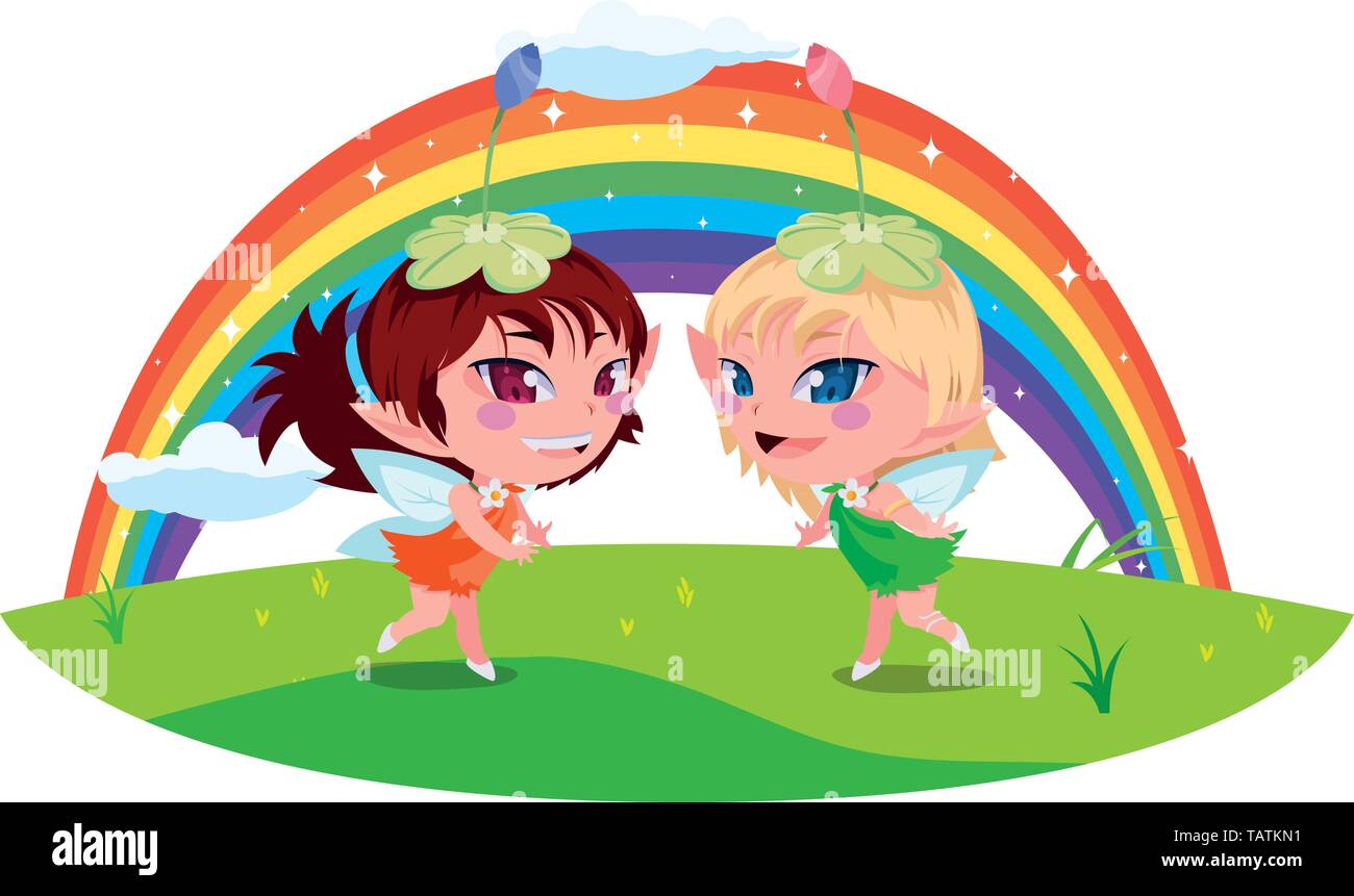 beautiful magic fairies with rainbow scene vector illustration design ...