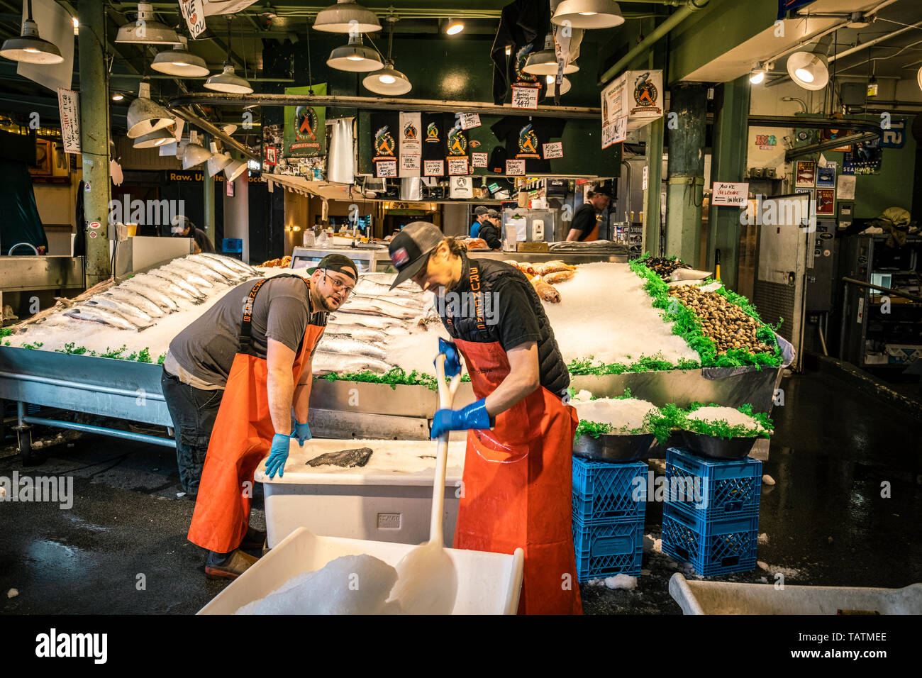Fresh seafood at Pikes Place Fish Market, Seattle, Washington Stock ...