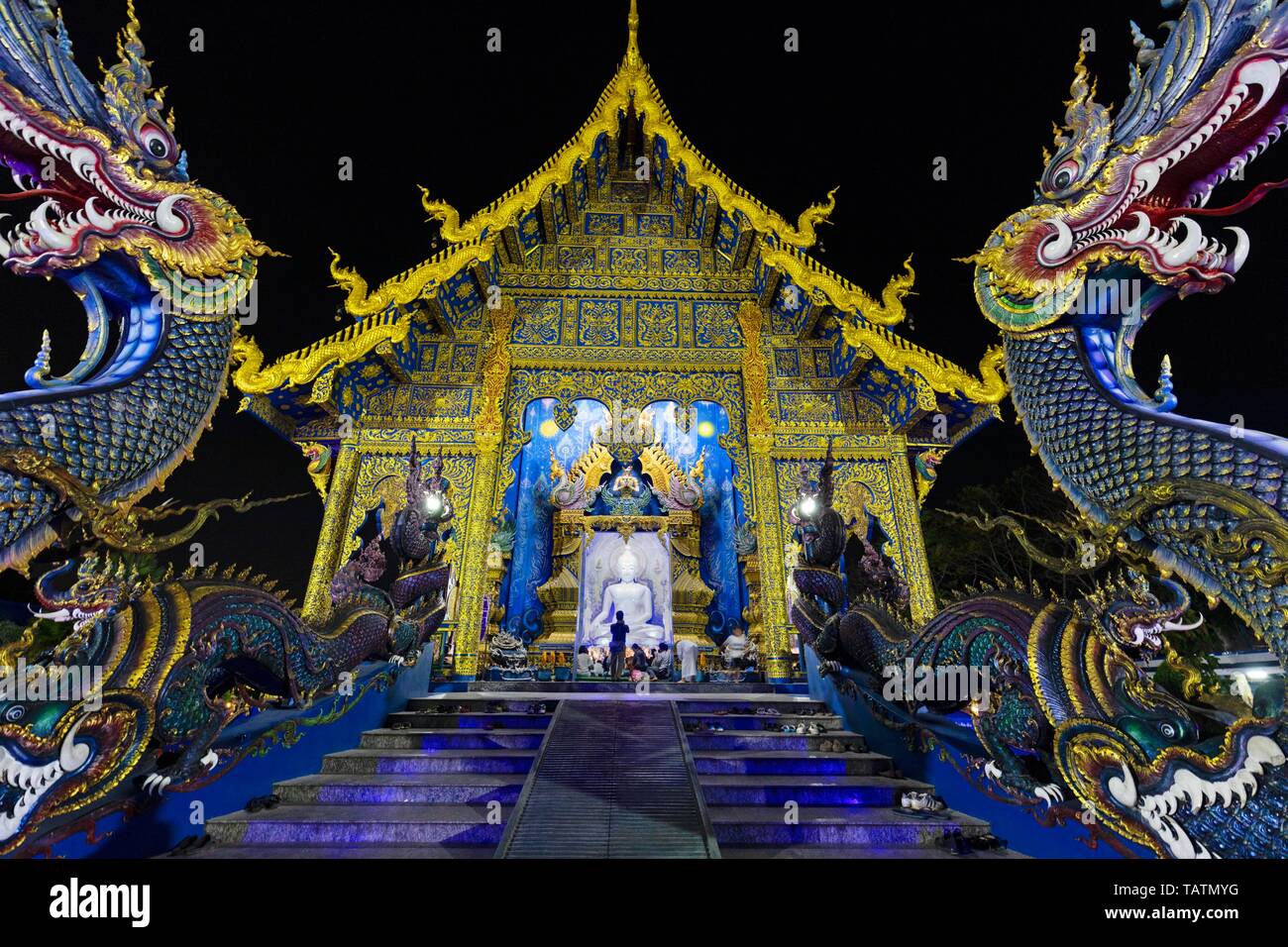 Naga Figures at the entrance of Wat Rong Seur Ten, Blue Temple, Night ...
