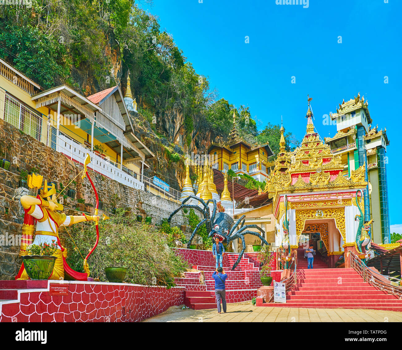 PINDAYA, MYANMAR - FEBRUARY 19, 2018: The statues of legendary spider ...