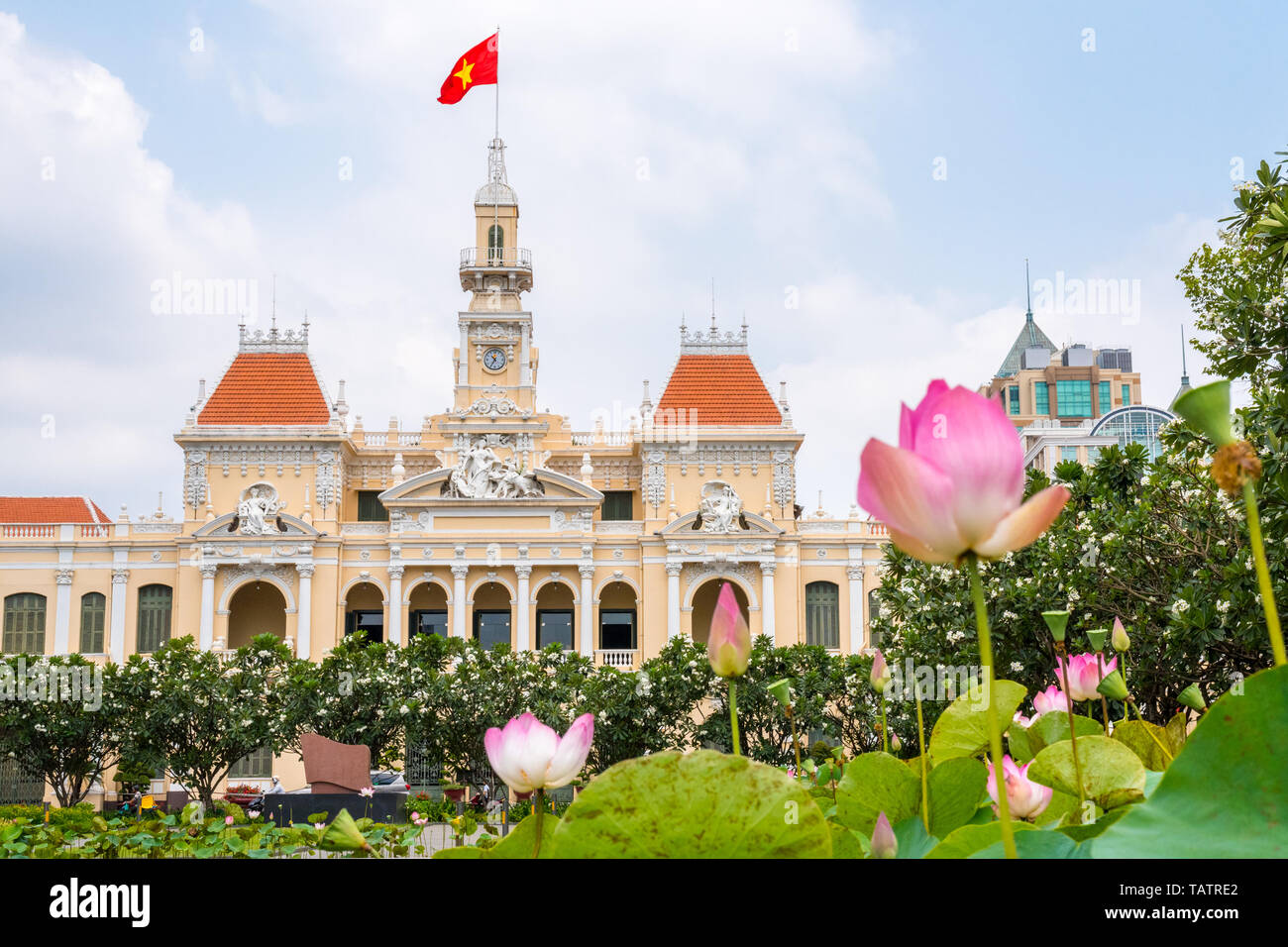 Saigon City Hall (or Ho Chi Minh City People's Committee) with pink ...