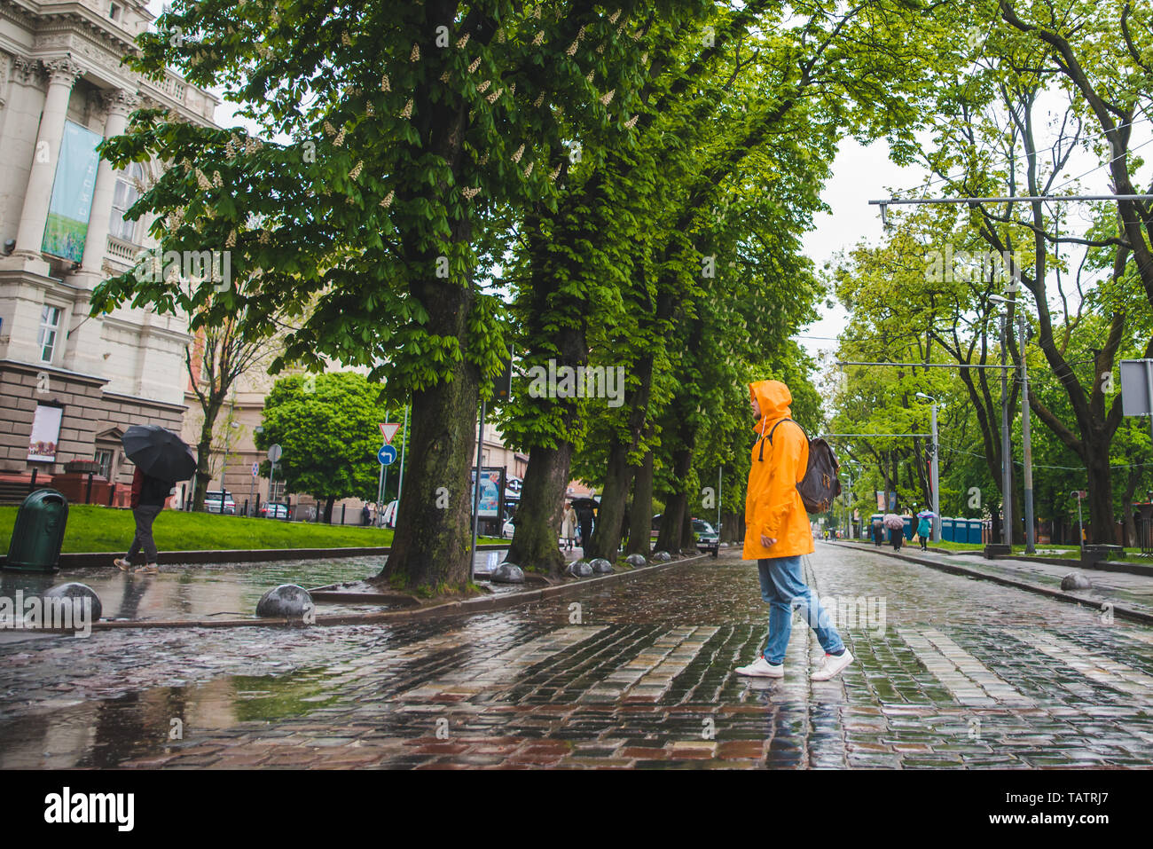 man crossing street in yellow raincoat. overcast rainy weather Stock ...