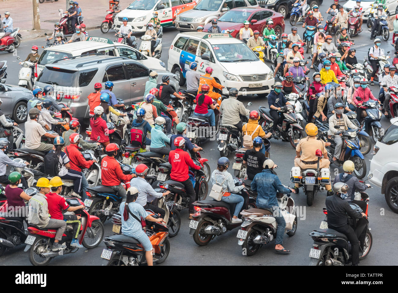 Ho Chi Minh City, Vietnam - April 09, 2019: traffic jam with motorbikes ...