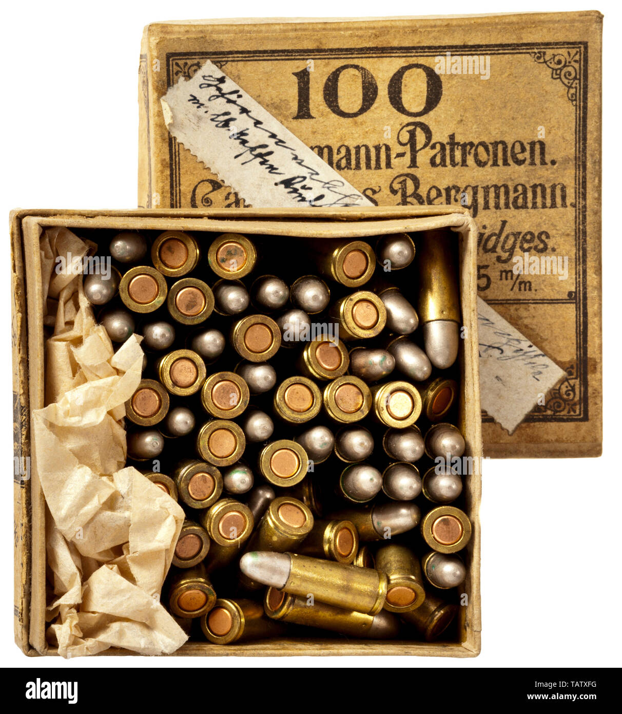 A box with 68 cartridges in 5 mm calibre Bergmann, Manufactured by ...