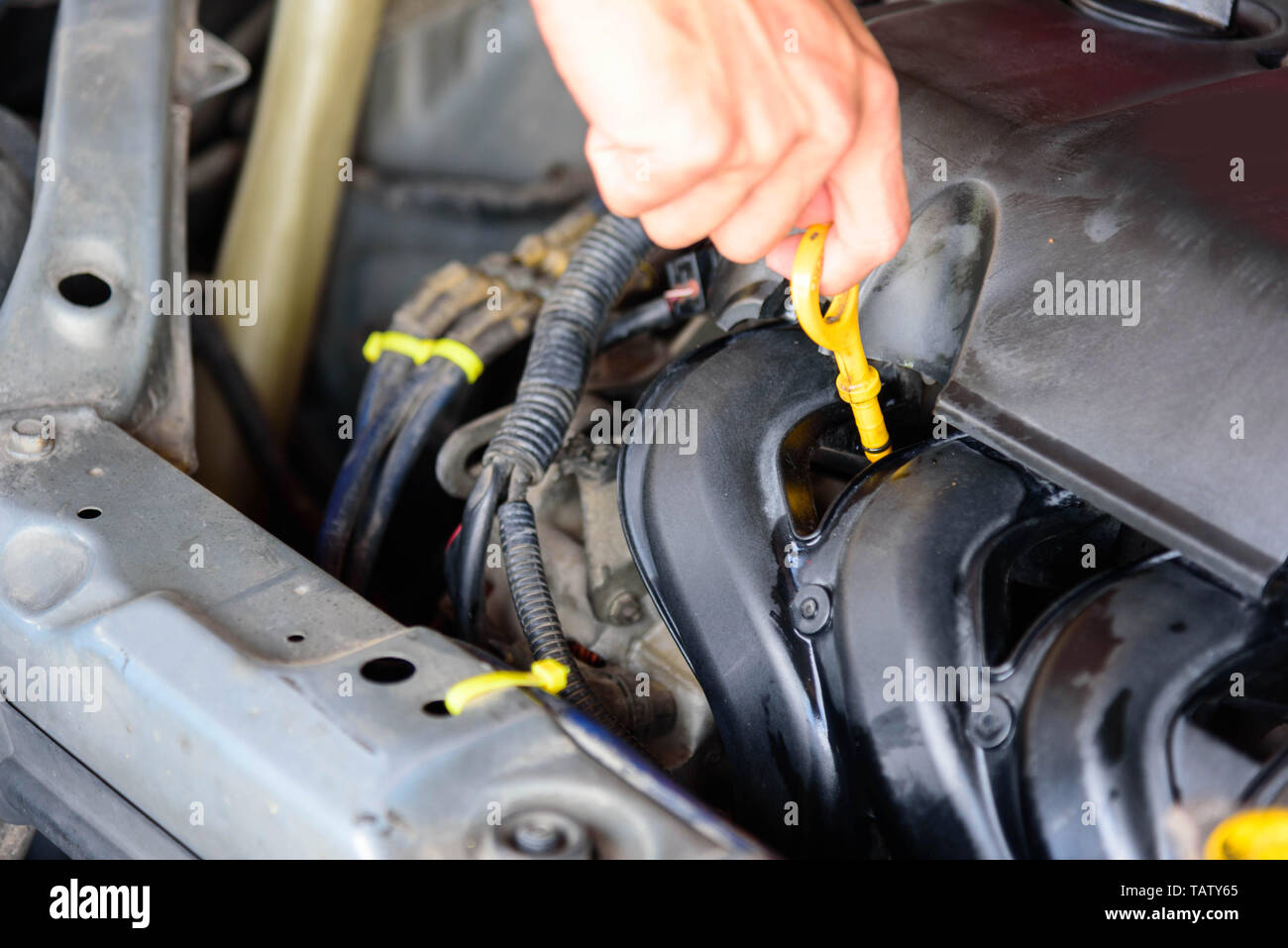 check oil machine level of engine car Stock Photo - Alamy