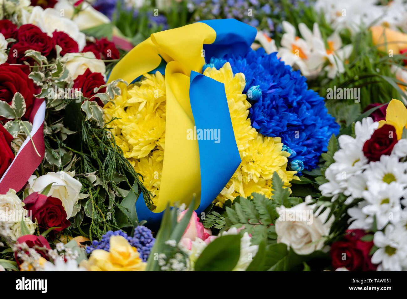 Flower bouquet with ribbon of Ukrainian flag. Dependence Day of the ...